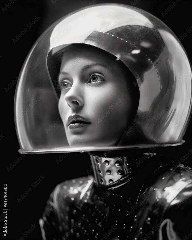 1950's Atomic age image of model wearing sci-fi space suit and helmet ...