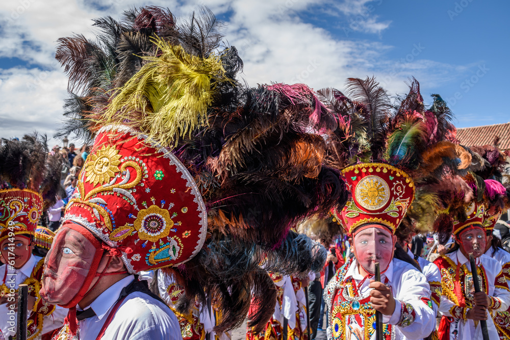 Cusco, a cultural fiesta, people dressed in traditional colourful ...
