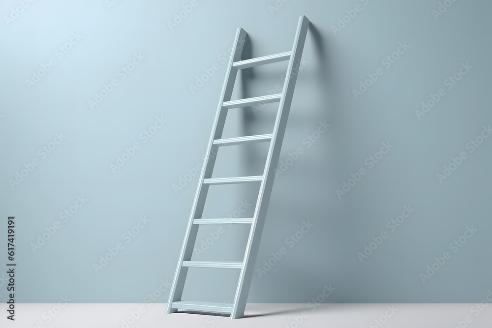 Generative AI illustration of blue ladder leaning vertically on blue ...