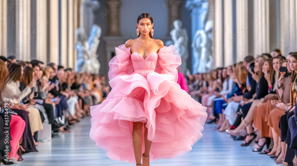 fashion show, model in pink prom dresses on stage, made with Generative ...