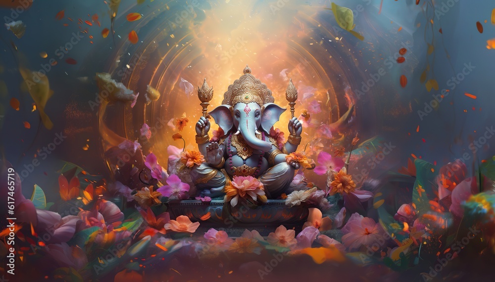Generative AI illustration of Ganesha Hindu God, with flowers, oil ...