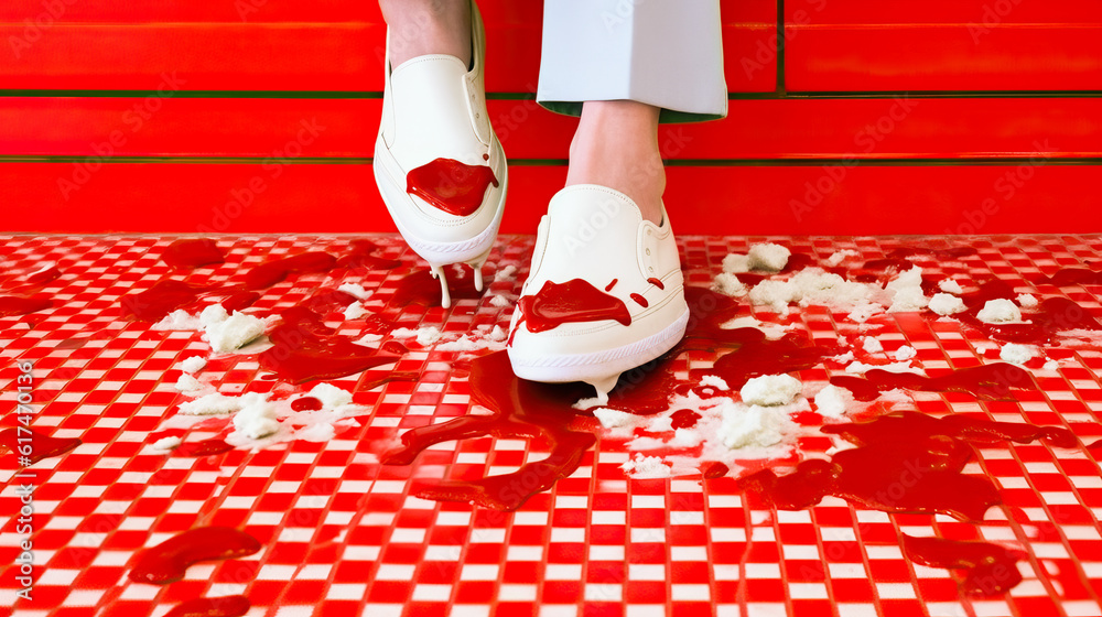 Ice cream cone with cream and strawberry syrup spilled on the elegant ...