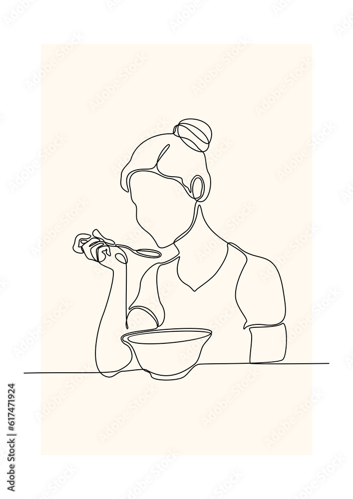 continuous line drawing of a woman eating vector illustration Stock ...