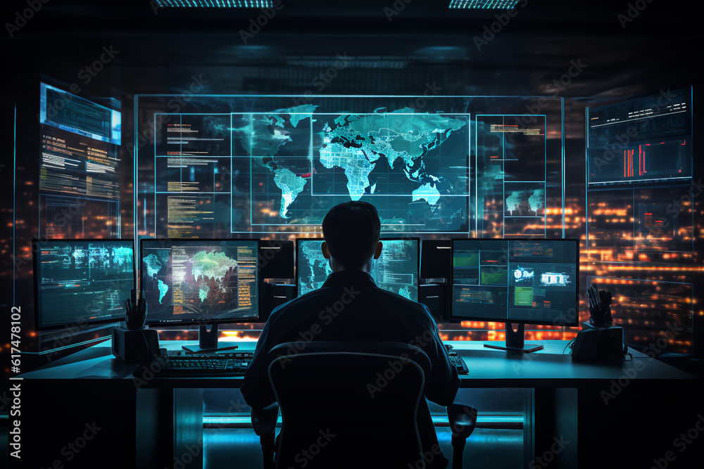 In the System Control Room Technical Operator Sits and Monitors Various ...