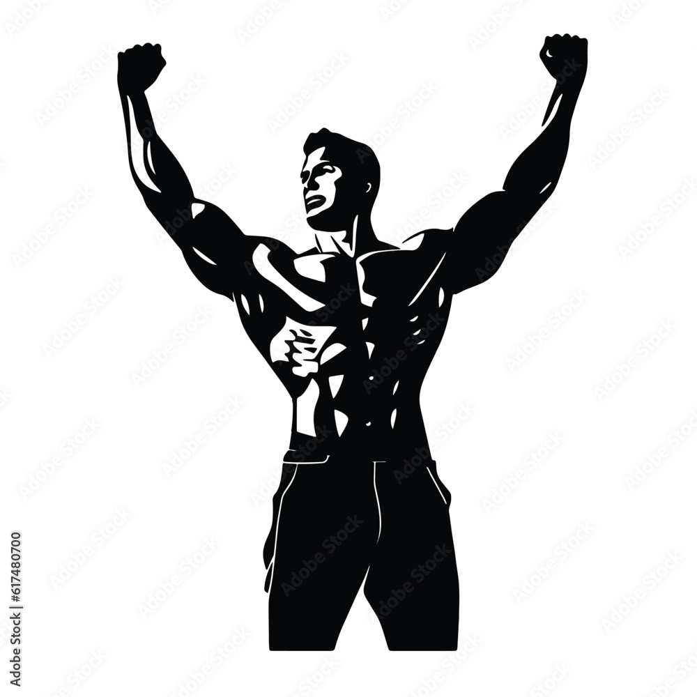 Sport man strong arms. Body builder athlete showing muscles, vector silhouette illustration ...