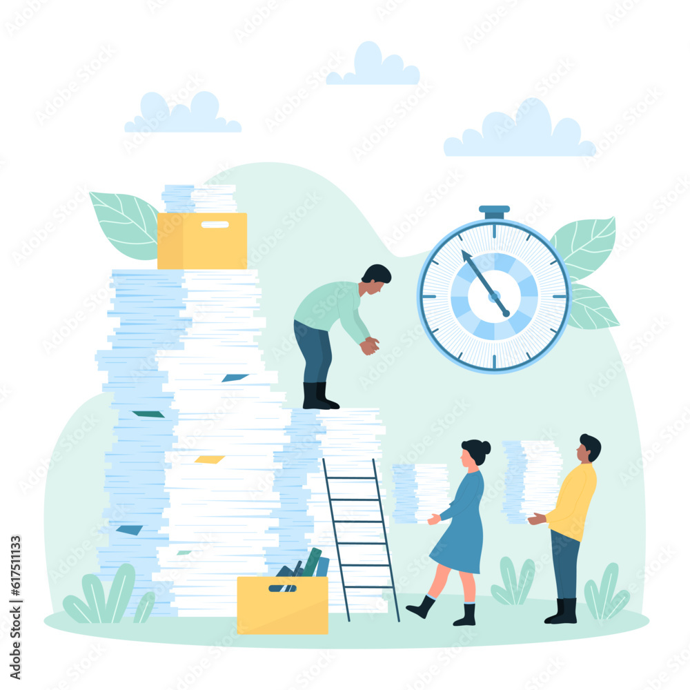 Paperwork organization in office work vector illustration. Cartoon busy ...