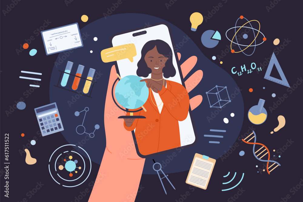 Cartoon hand holding mobile phone with female teacher, globe on screen ...