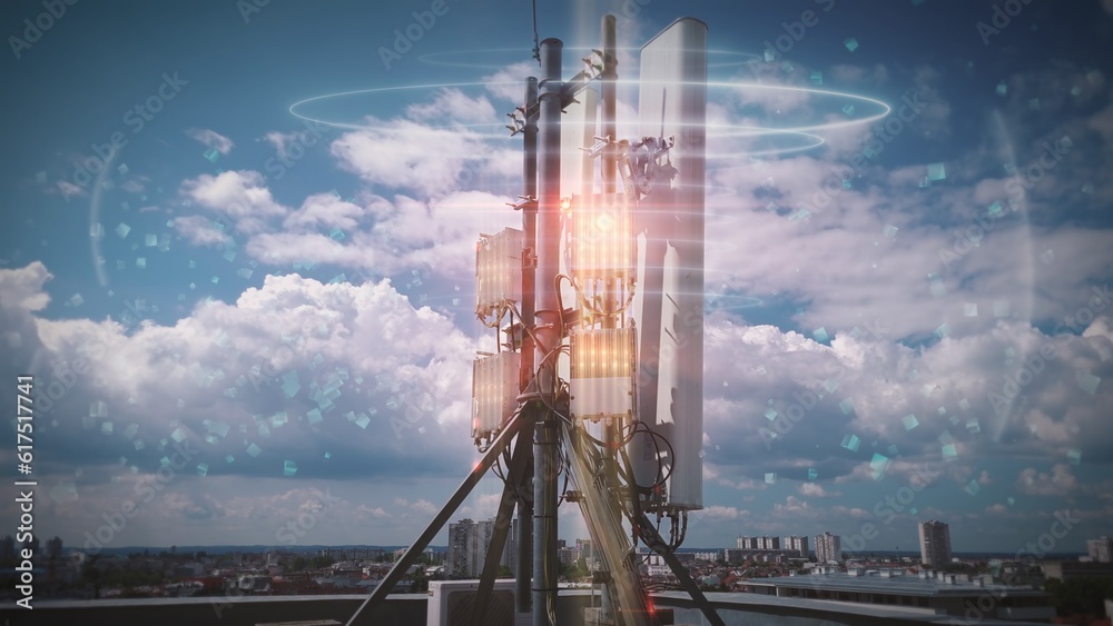 Telecom antenna base station on rooftop. Animation of 4G, 5G radio ...