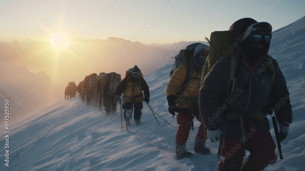 A group of climbers ascending a steep, icy section of Mount Everest ...