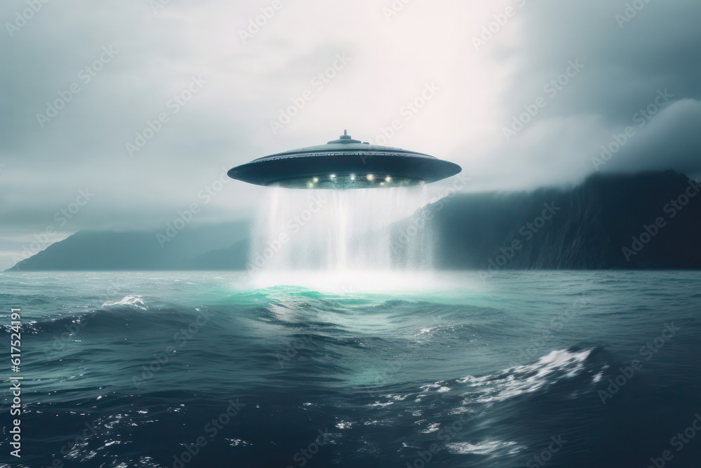 A hyperrealistic depiction of an alien spaceship emerging from the ...
