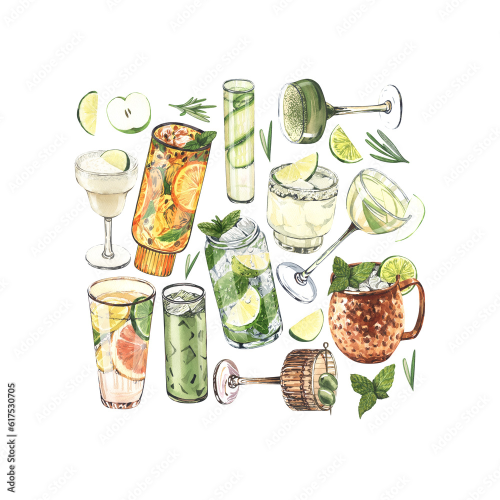 Watercolor frame, cocktail glasses: martini, gin,margarita,mojito ...