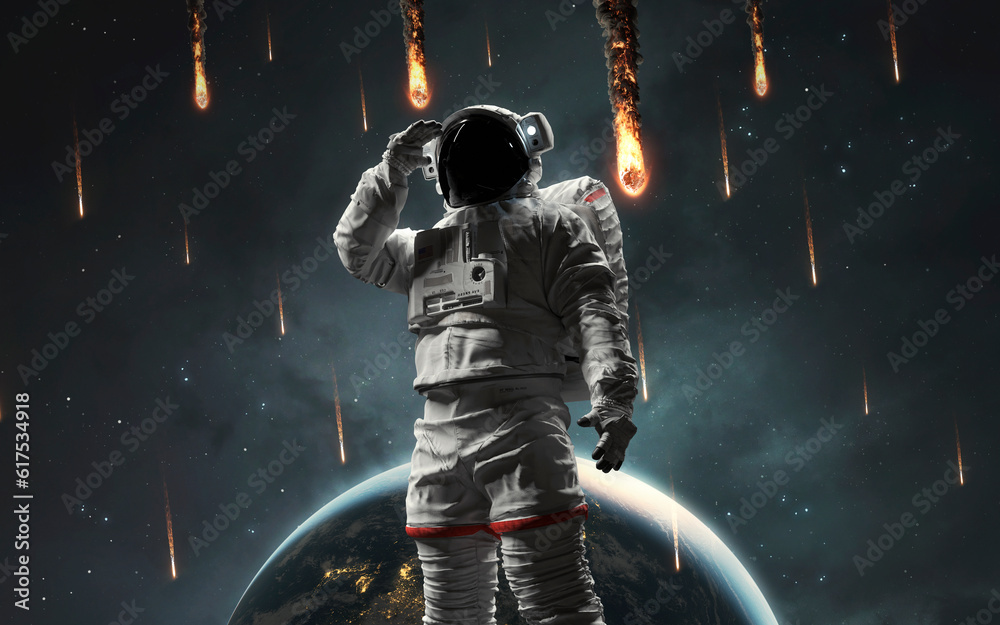 3D illustration of astronaut at Earth orbit. Space walk. 5K realistic ...