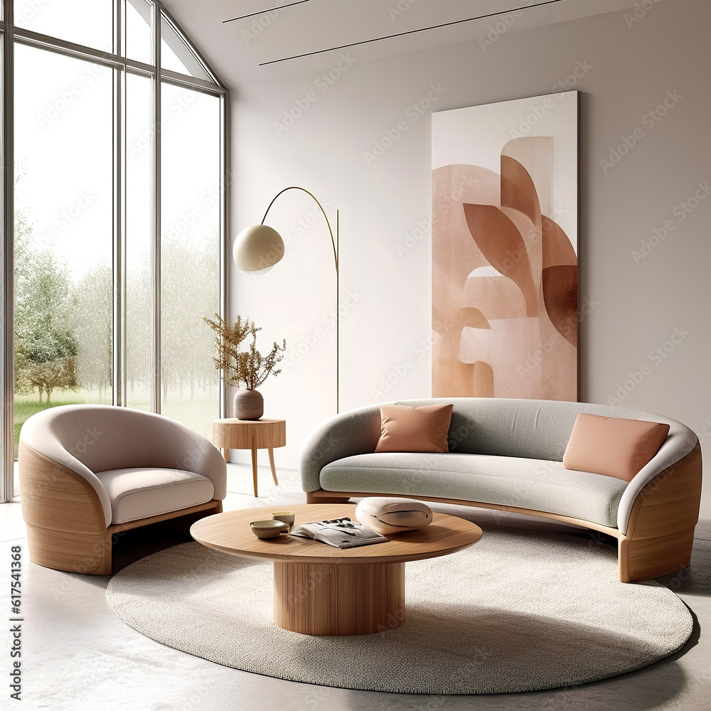 Curved gray sofa and armchair against of floor to ceiling window ...