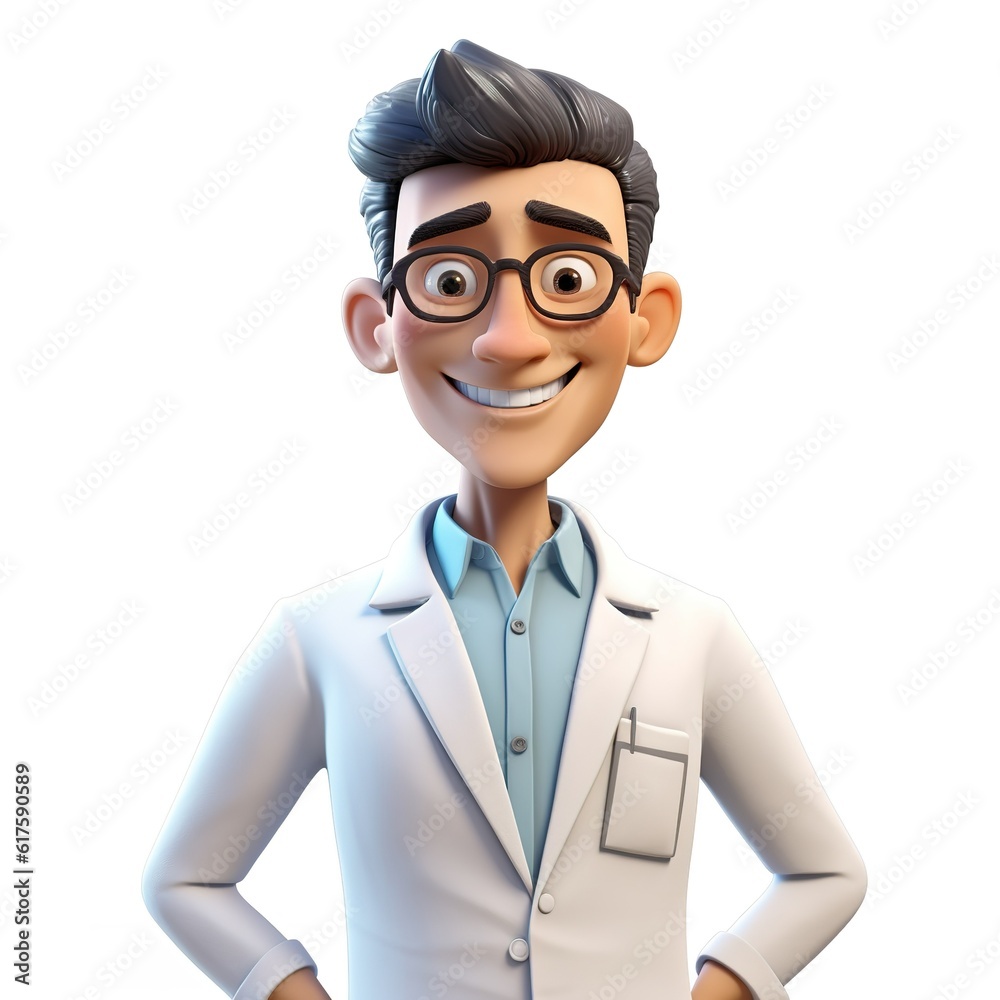 3d cartoon character doctor wears glasses, Hanging a stethoscope ...