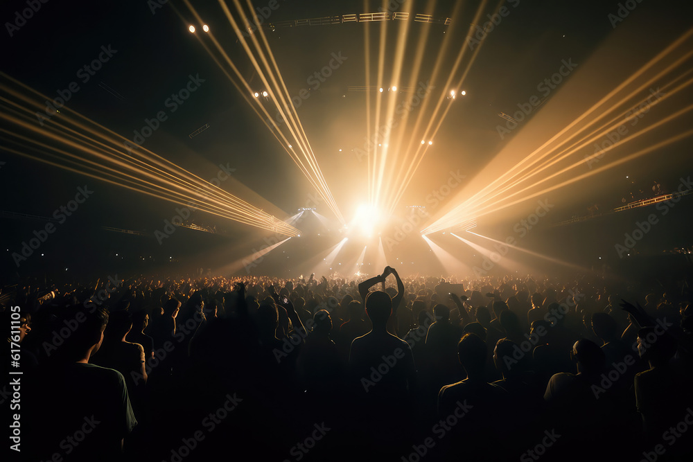 Panorama live music concert crowd and audience with beams light show ...