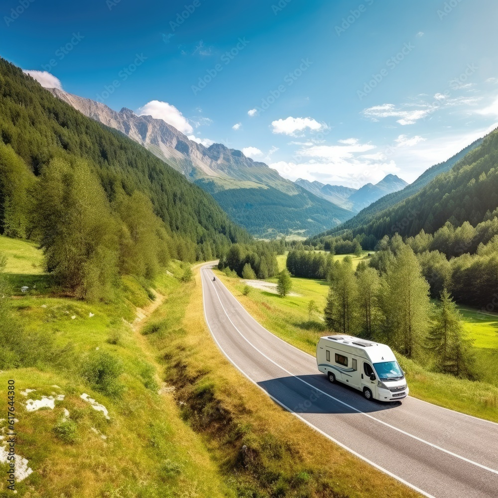 Motorhome camper van RV road trip. People on travel vacation adventure ...