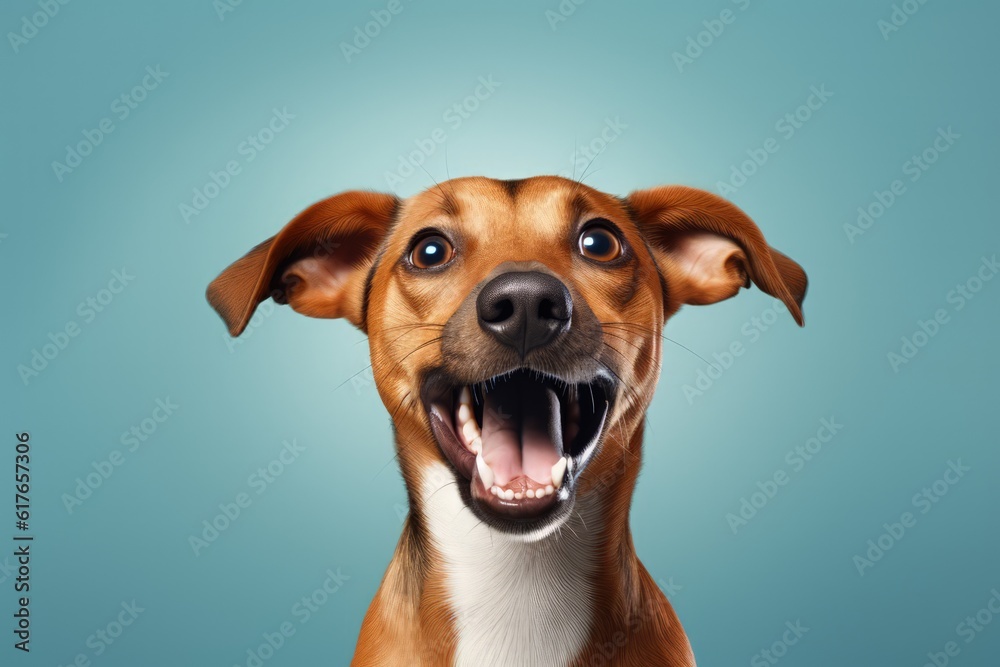Portrait of puppy with shocked smiling face, funny face, close up photo ...