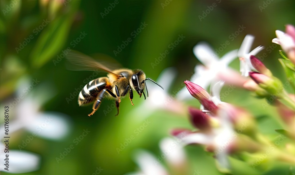 The bee darts through motion-blurred flowers with lightning speed and ...