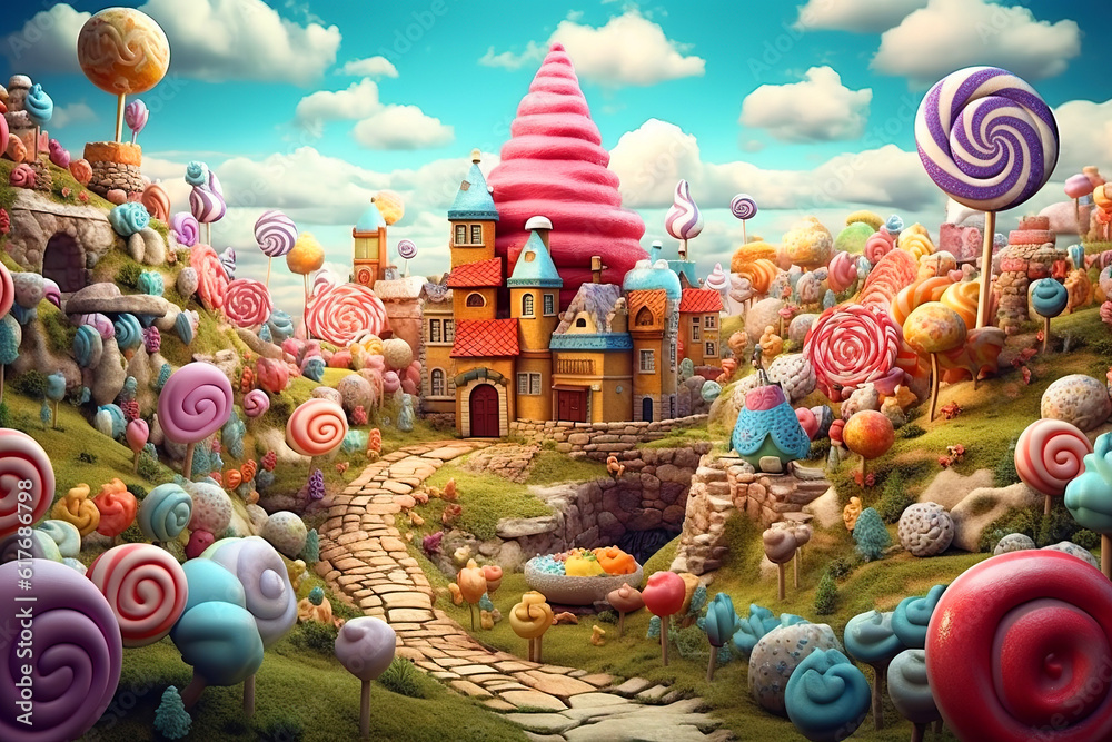 Cartoon fantastic candy land landscape with sweet castle. Generative AI ...