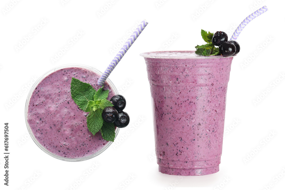 set of Blueberries smoothie milkshake in plastic to go glass with straw ...