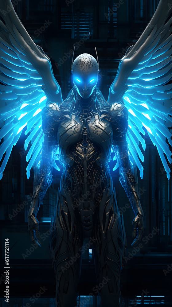 Cyborg robotic angel in menacing pose metallic neon blue wing standing ...