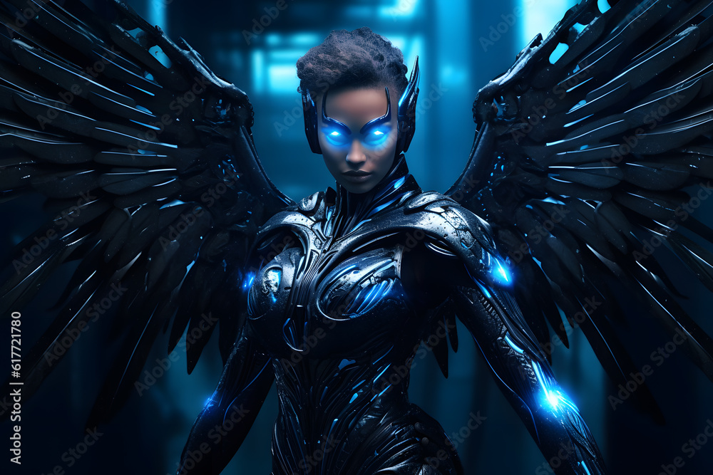 Cyborg robotic angel in menacing pose metallic neon blue wing standing ...
