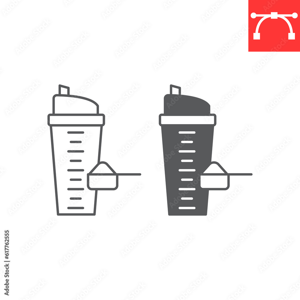 Protein shaker line and glyph icon, supplements and health, bottle with ...