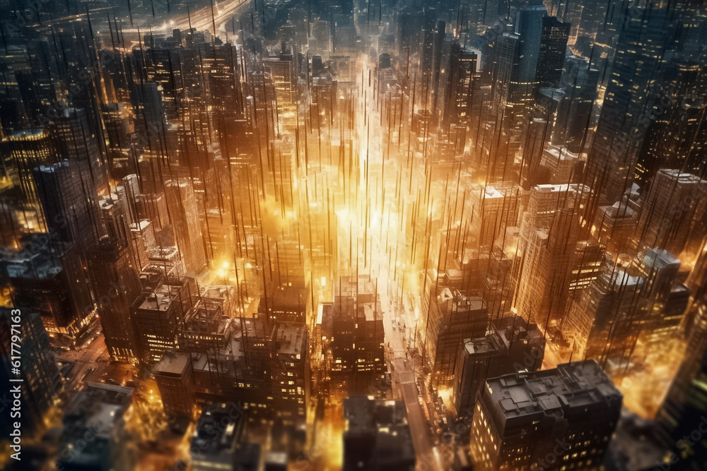 the golden luminous force surrounding the night downtown city, an ...