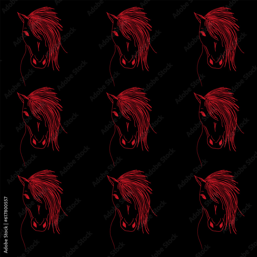 Seamless pattern with Bloody Horses on black background in engraving ...