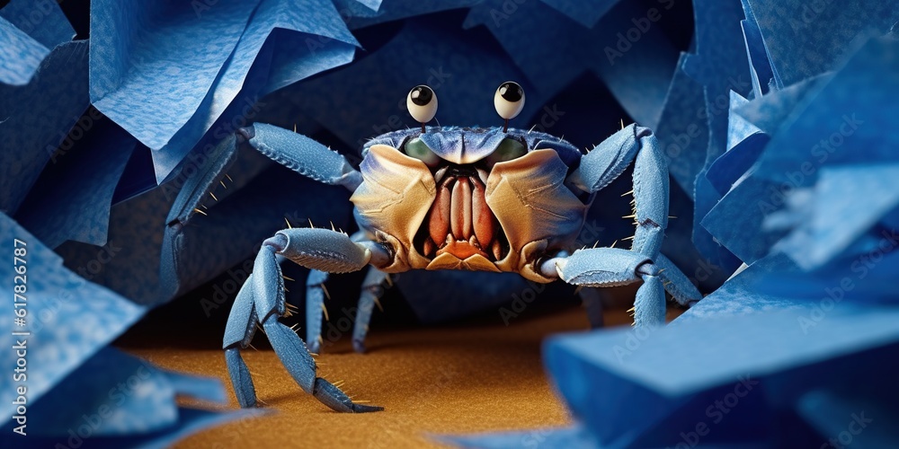Angry crab threatens with claws while standing in a hole in blue paper ...