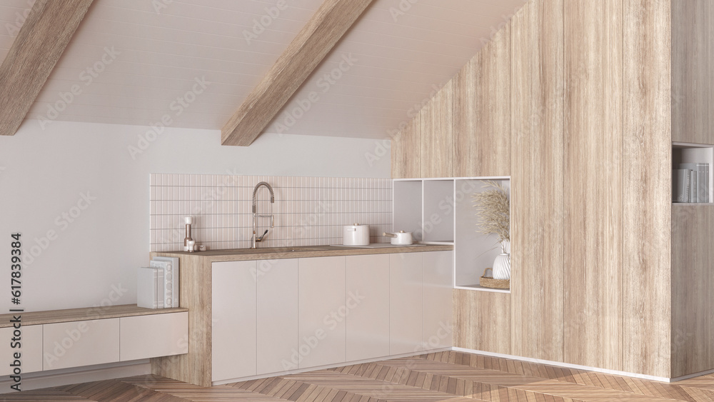 Attic interior design, minimal kitchen with sloping bleached wooden ...