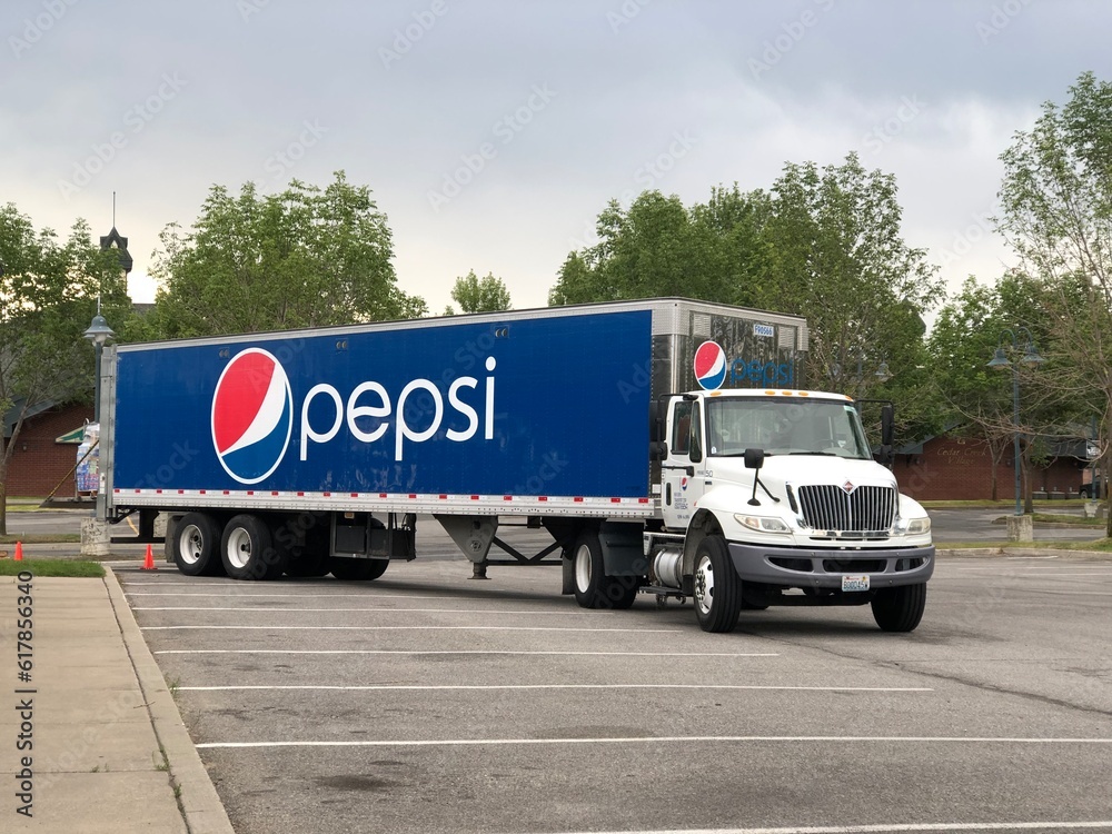 Spokane, WA - USA - Circa June 2021- Pepsi Cola truck is stopped to ...