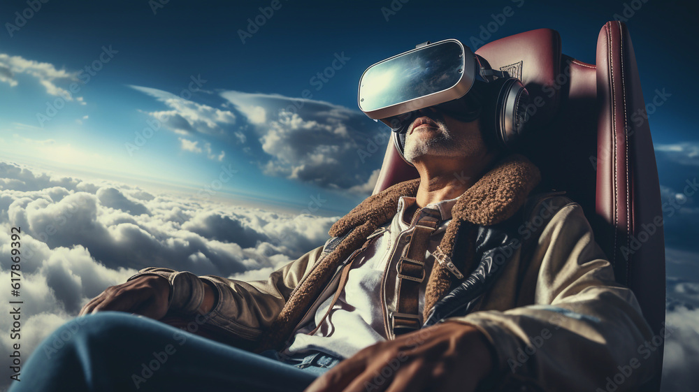 Man wearing 3d VR headset glasses looks up in cyberspace of metaverse. Virtual reality or ...