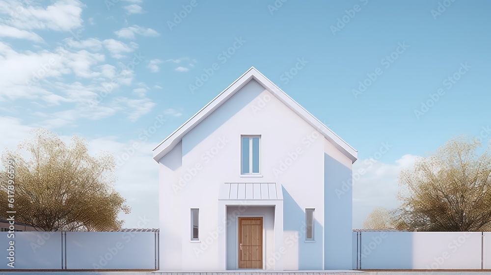 Minimal style white house exterior.Gable roof,glass window and wooden ...