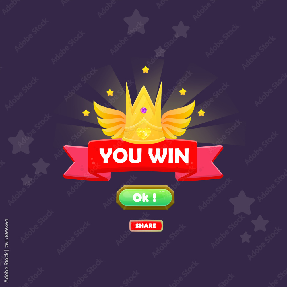 Game UI Pop Up Reward Page You Win Crown Golden Wings Red Ribbon Vector ...