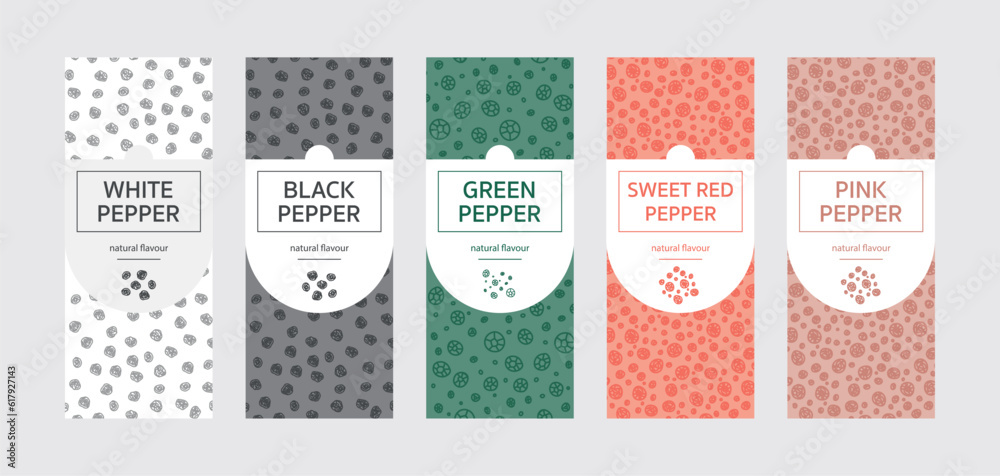 Set of peppers spices, labels for jars and bottles: white pepper, black ...