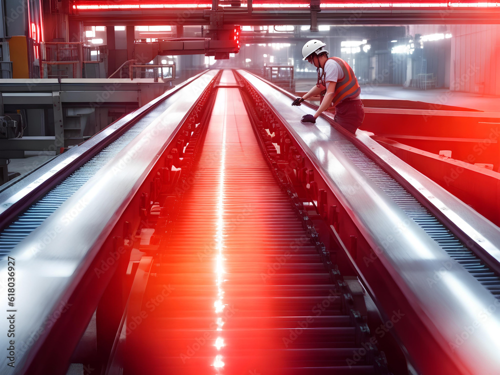 crossing of the roller conveyor with red light,manufacturing plant ...