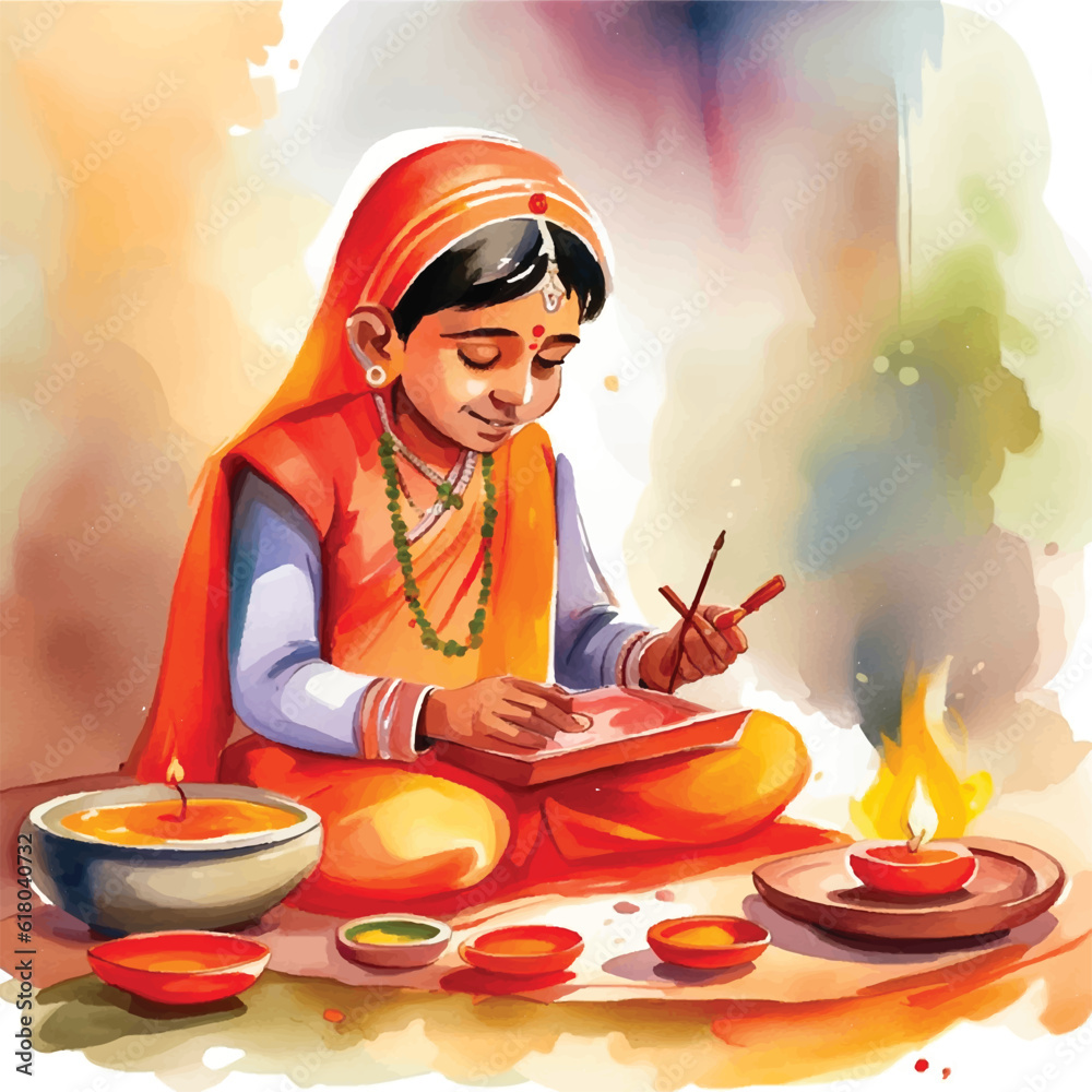 Indian kids in traditional Puja worshipping/yagya watercolour vector ...