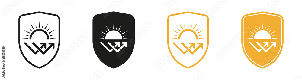 Sun Light Protection Line and Silhouette Icon Set. Shield for Block ...