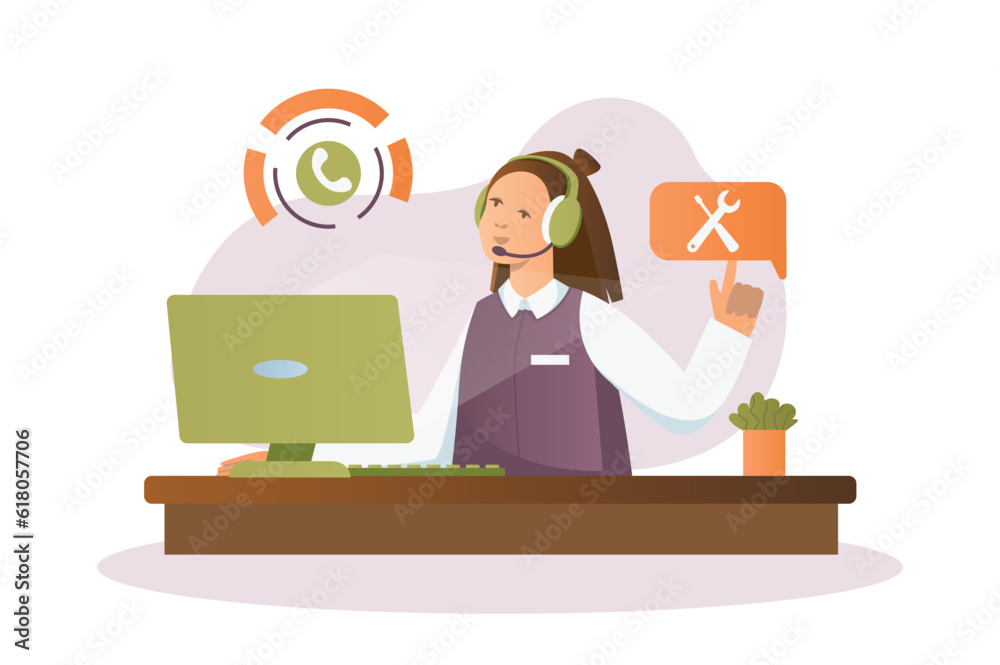 Call center concept with people scene in the flat cartoon design. A ...