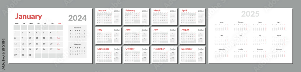 2024-2025 Calendar Planner Template. Vector layout of a wall or desk ...