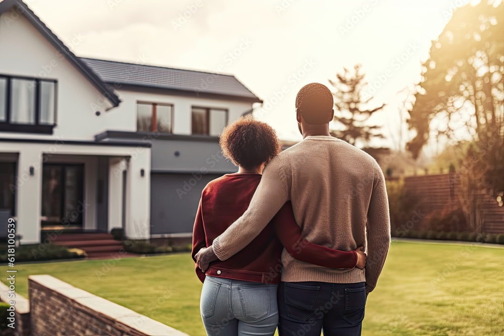 Happy homeowners. Loving couple African American embracing in front of ...