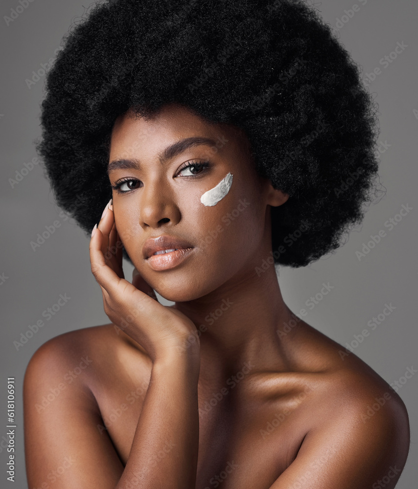 Black woman in portrait, cream and beauty with skincare and cosmetics ...