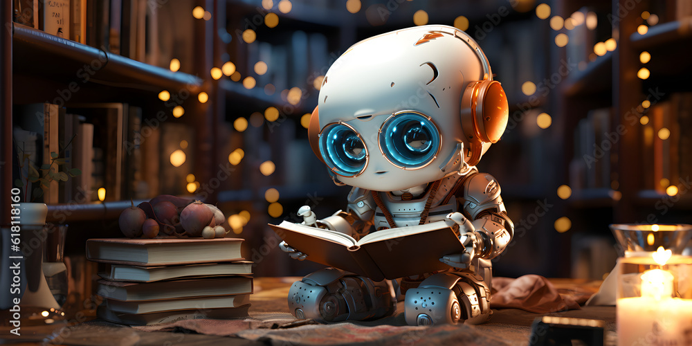 Cute robot reading a book in the library, cartoon style, artificial ...