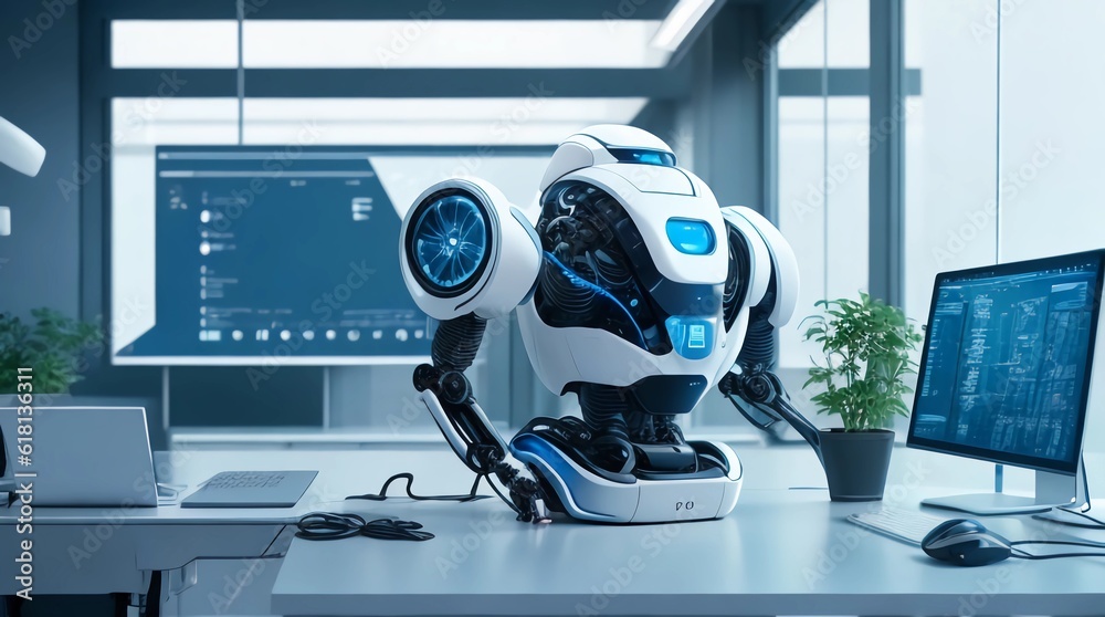 AI-powered robot assisting in a modern workspace, showcasing its ...