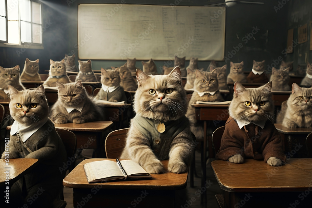 Kittens pupils in a school class. Generative AI Stock Illustration ...