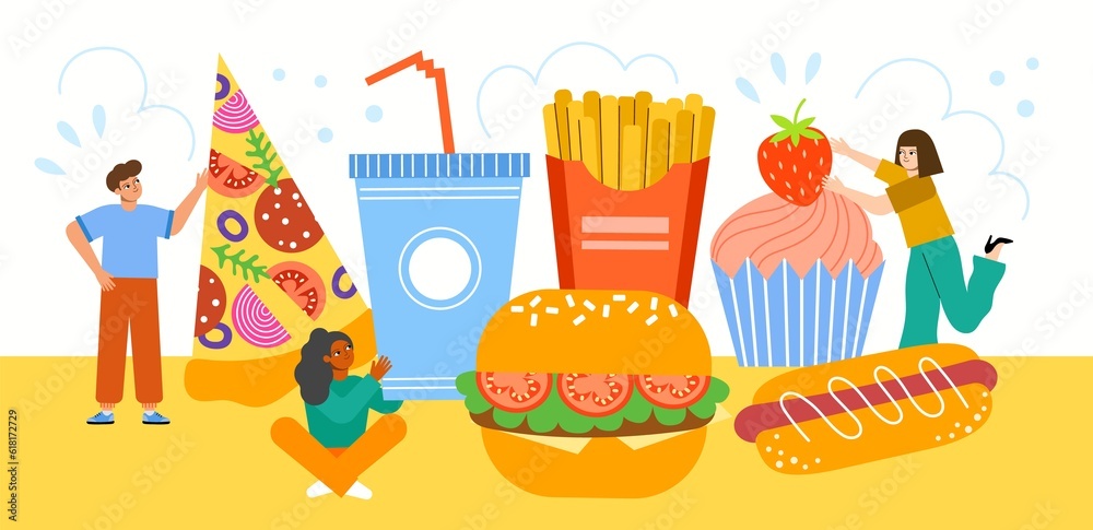 Cute people eat fast food. Cartoon flat men and women with large pizza ...