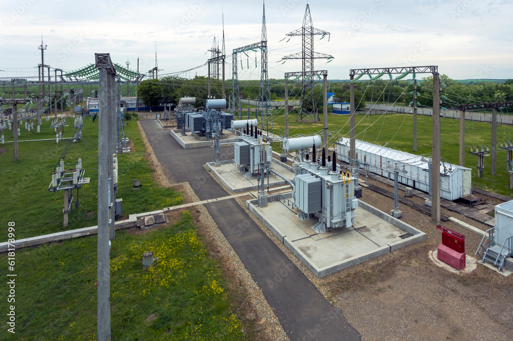 Power transformer at high voltage distribution station in modern ...