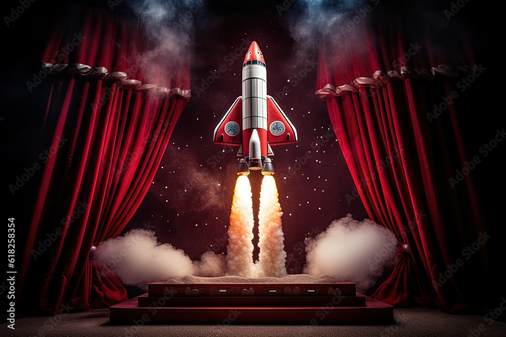Rocket taking off on top of presentation stage with lights and red ...