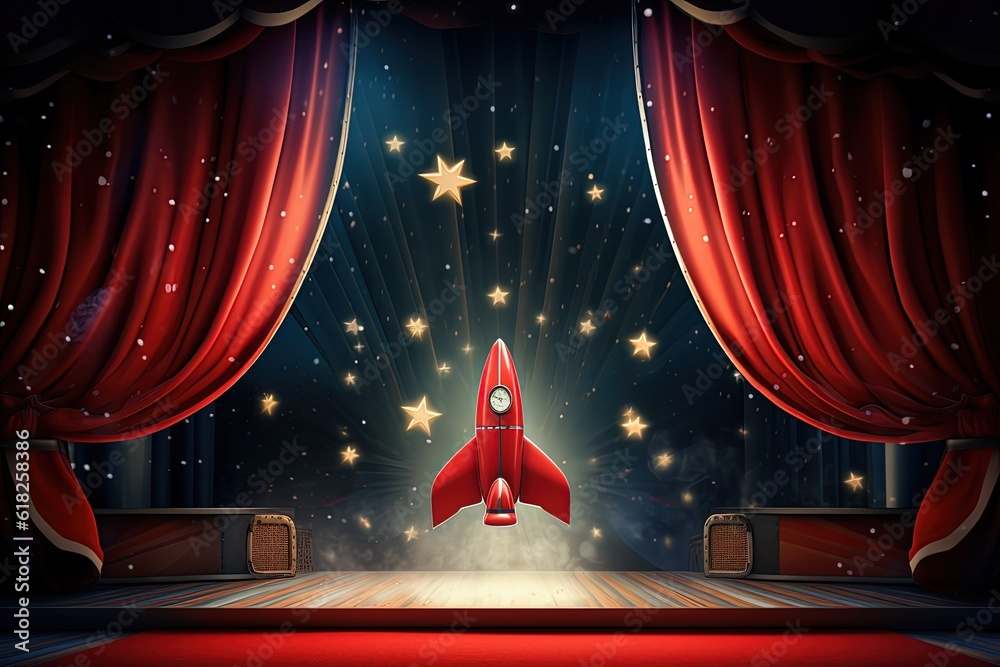 Rocket taking off on top of presentation stage with lights and red ...